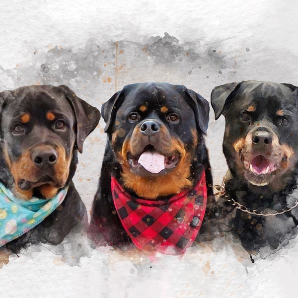 Multiple Pet Portrait Custom Dog Painting Watercolor, Multiple Dog ...
