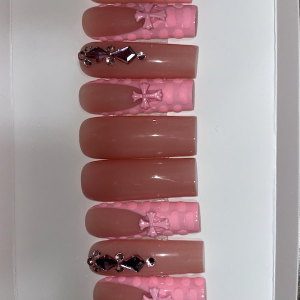 3D Pink Croc French Tip Press on Nails+cross Charms|press on Nails|long ...