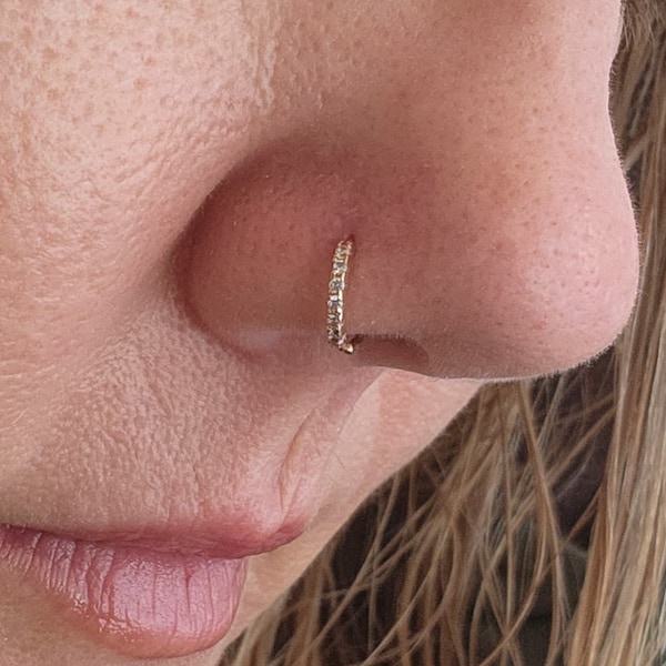 14k Solid Rose Gold Ultimate Nose Ring Hoop Stud Multi 1.2 Cz's..20g ...