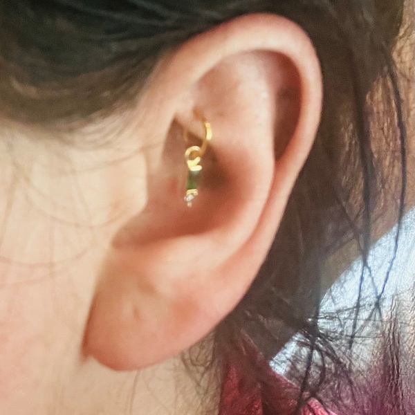 Dainty Emerald Hoop Charm, Sterling Silver, 18k Gold Plated Rook Hoop ...