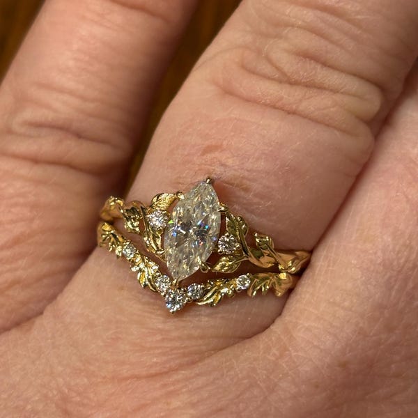 Vintage Green Sapphire Engagement Ring Set Nature Inspired Leaf ...