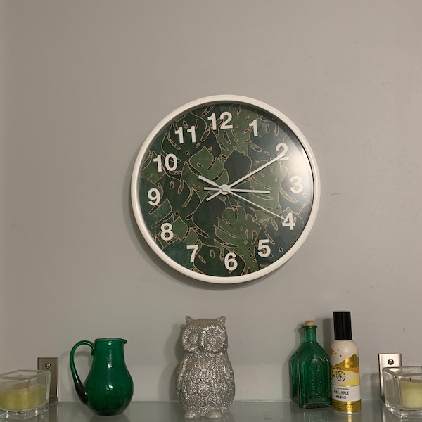 Green Wood Wall Clock, Monstera Leaves, Emerald Forest Green, Tropical ...