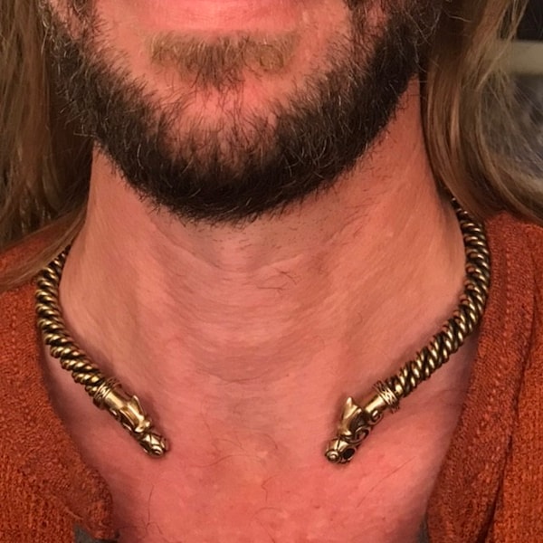 Viking Torc Necklace, Bronze, Wolf Head, Torque Odin's Wolves, Norse ...