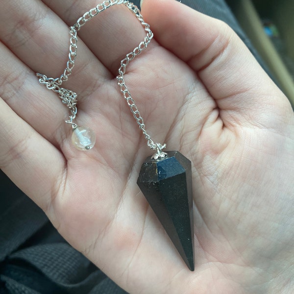 Black Tourmaline Crystal Pendulum With Silver Plated Faceted Chain ...