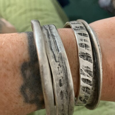 Antique Silver SCREW Bangle Cuff, Hammered Stacking Bracelet, Bohemian ...