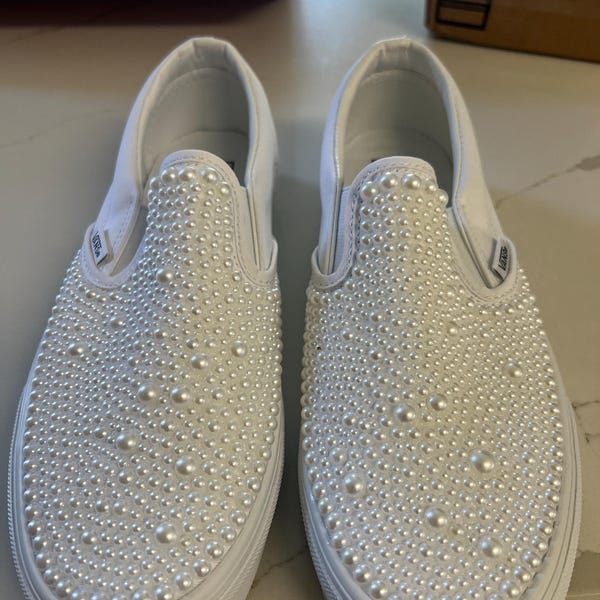 Pearl Embellished Vans - Custom Wedding Slip on Vans - Custom Wedding ...