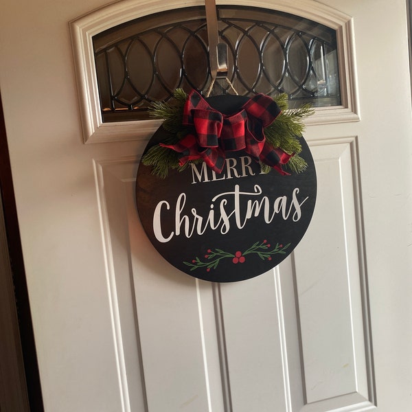 Christmas Round Wood Door Hanger, Round Wood Sign, Merry Christmas Door ...
