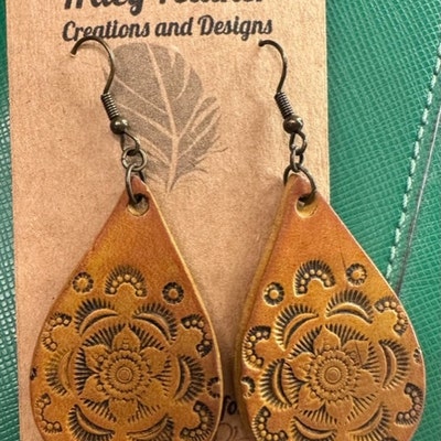 Hand Tooled Leather Earrings, Mandala Design, Hand Dyed and Then Hand ...