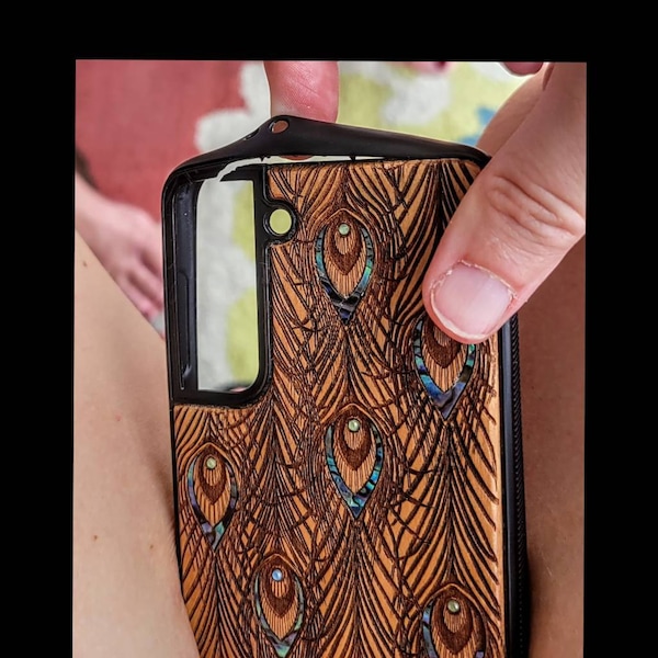Peacock Feather Design Wood Phone Case With Real Abalone Shell Inlays ...