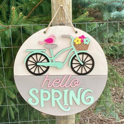 Hello Spring Bicycle Sign, Round Door Hanger Svg, Glowforge Laser Cut ...