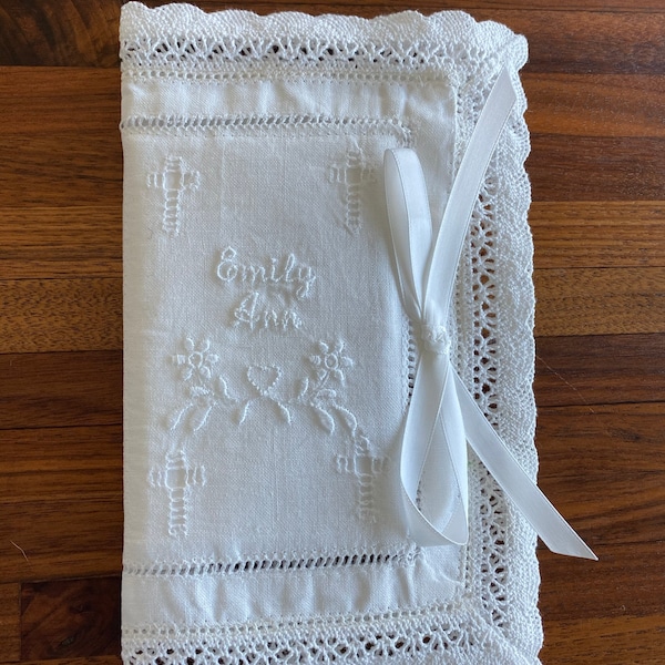 MONOGRAMMED LINEN & LACE Bible Cover, Hemstitched, Entredeux Trim, Baby ...
