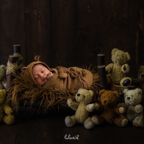 Digital Backdrop Adorable Teddy Bears Wooden Cabin Bed Newborn Prop ...