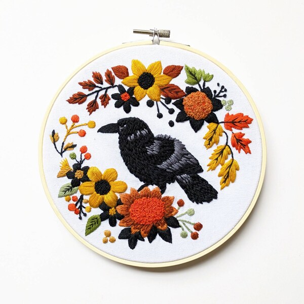 Autumn Raven Hand Embroidery Pattern, Raven Pattern, Autumn Bird Pattern, Hand Embroidery ...