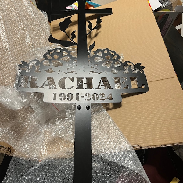 Custom Floral Cross Memorial Metal Stake, Cross Memorial Plaque With ...