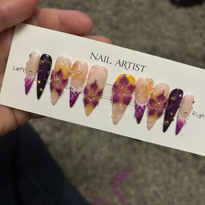 Custom Orchid Floral Press on Nails, Purple Fake Nails, Hot Trend ...