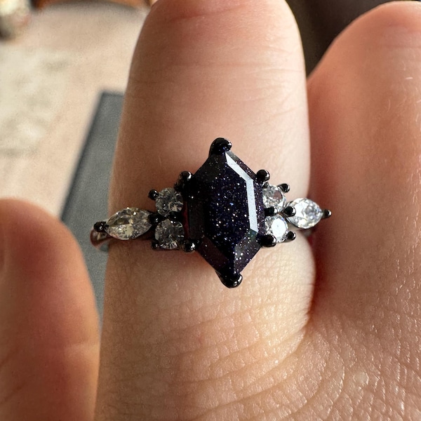 Orion Nebula Ring Set,2 Pcs Hexagon Cut Blue Sandstone Ring,black ...