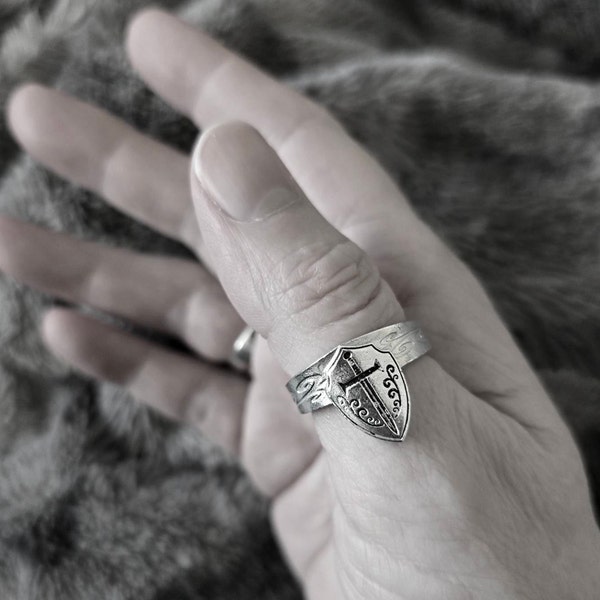 Sword Shield Ring - Adjustable - Handcrafted - Unisex - Pewter - Signet ...