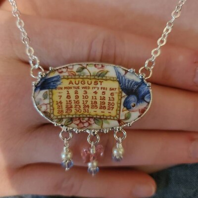 August 1921 Bluebird Calendar Plate Broken China Jewelry Necklace With ...