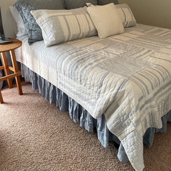 Chambray Surf Blue Linen Bed Skirt With Gathered Ruffles, Blue Chambray ...