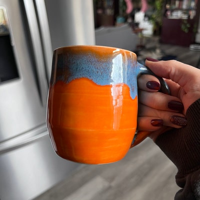 Tall Orange and Blue Ceramic Mug - Etsy