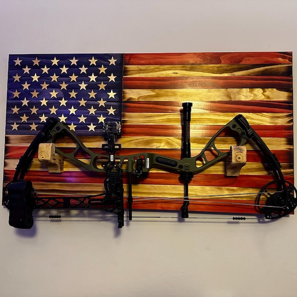 Rustic American Flag Gun Rack. Compound Bow Rack With Military Logo ...