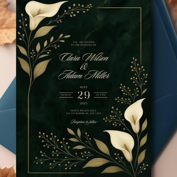 Elegant Dark Green and Gold Wedding Invitation Set, Floral Ivory Rose ...