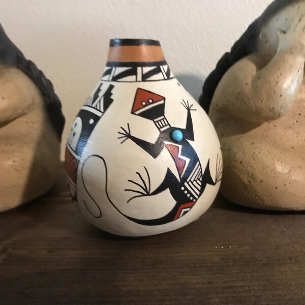 Southwestern Hand Painted Gourd Pot New Mexico Desert Thunderbird Eagle ...