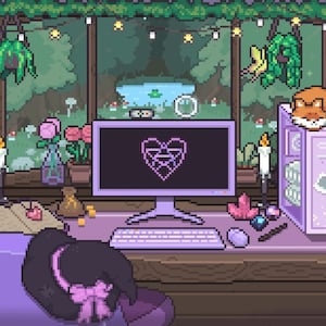 4 X Cute Pixel Animated Scenes Screens Neon Pink Lights Setup Cozy ...