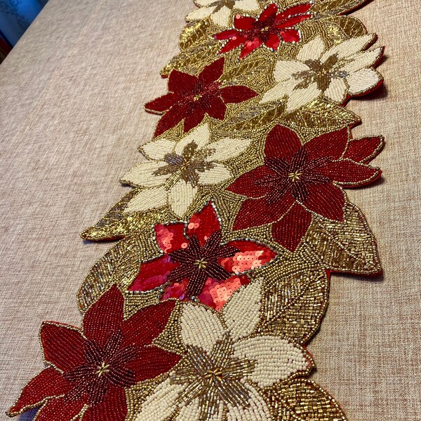 Handmade Red & Gold Floral Beaded Table Runner - Etsy