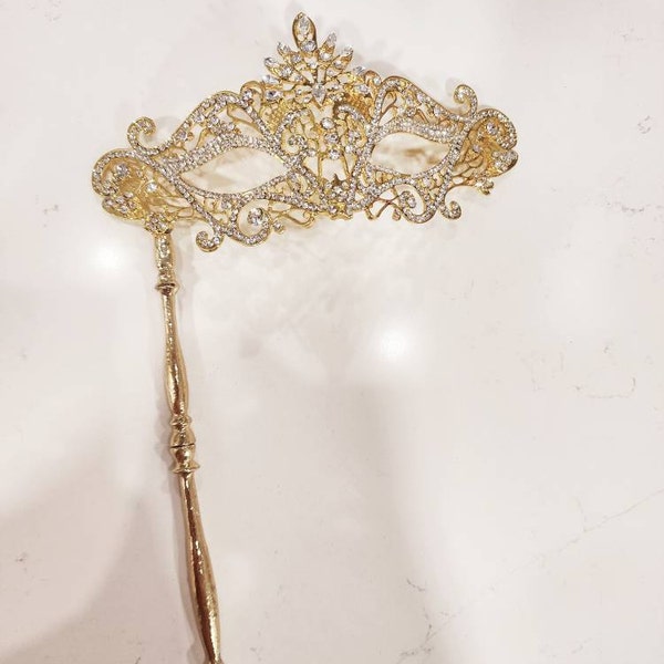 Clear Crystal Masquerade Mask With Stick, Gold Masquerade Mask ...