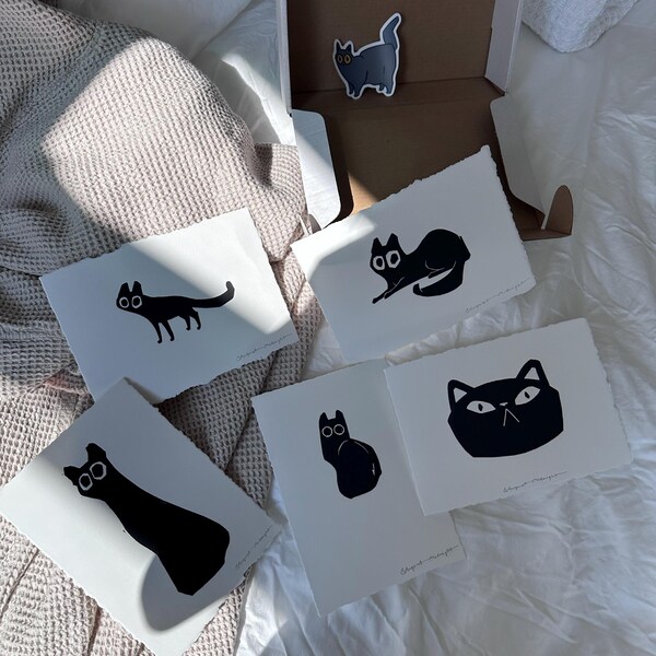 Little Black Cat Linocut - Printmaking - 7x5 Animal Art - Deckle Edge ...