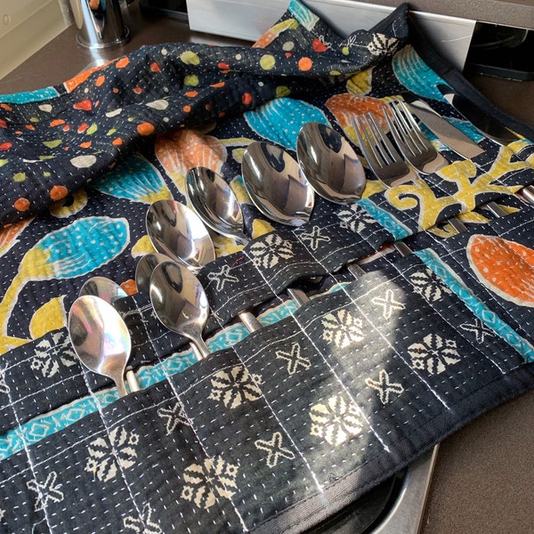 Upcycled Cutlery Wrap, Vintage Handmade Item Cotton Kantha Cutlery Wrap ...