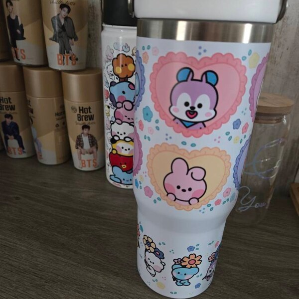30 Oz Kpop Friends Floral Flip Straw Matte Stainless Steel Tumbler ...