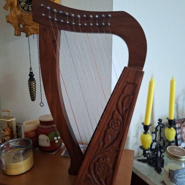 HANDMADE 10 Metal Strings Harp Rosewood HAND ENGRAVED Solid Wood With ...