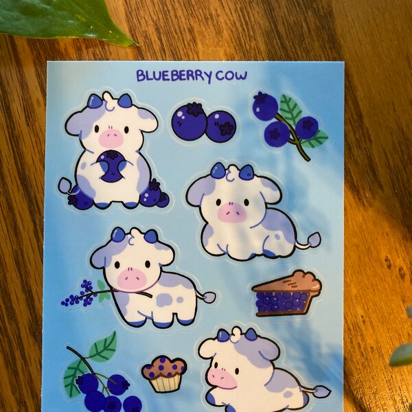 Blueberry Cow Sticker Sheet - Cute Cottagecore Aesthetic Stationery ...
