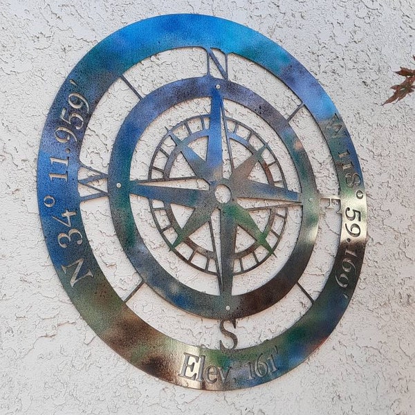 Personalized Compass Metal Sign - Custom Coordinates Sign - Nautical ...