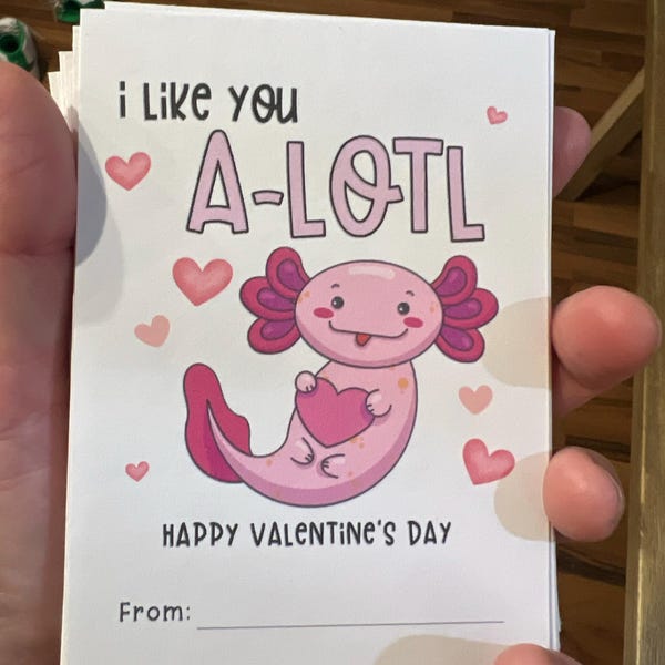 Axolotl Valentine's Day Cards for Kids: Printable Vday Gift Tag (PDF ...
