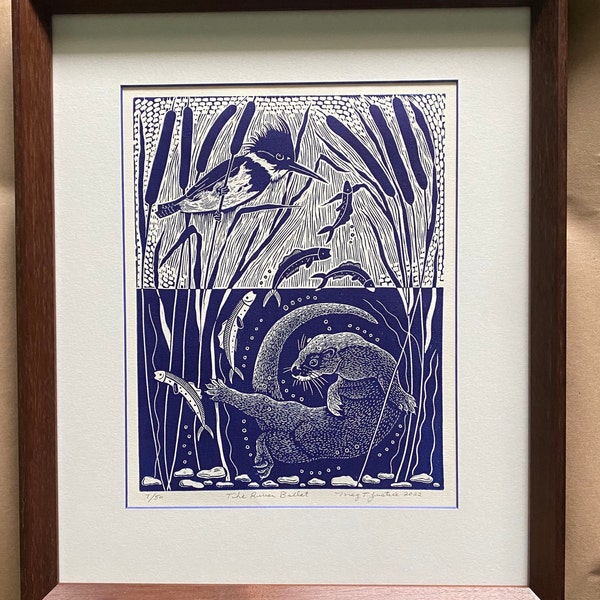The River Ballet Linocut in Blue,otter Linocut,kingfisher Linocut ...