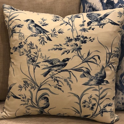 French General Aviary Toile Bird Blue Indigo Ivory Throw Pillow Cover ...