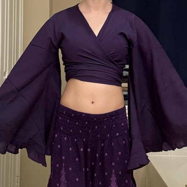 Cotton Bell Sleeve Wrap Top, 3 Way Boho Tie Top, Hippie Crop Top, 90s ...
