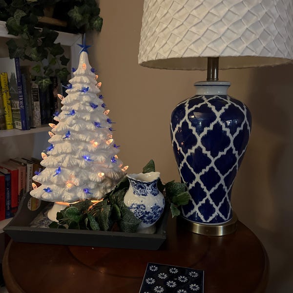 Chinoiserie Blue & White Ceramic Mantle Christmas Tree 2pc Electric ...