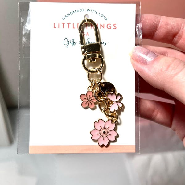 Cherry Blossom Sakura Enamel Gold Keychain | Flower Keychain Charm ...