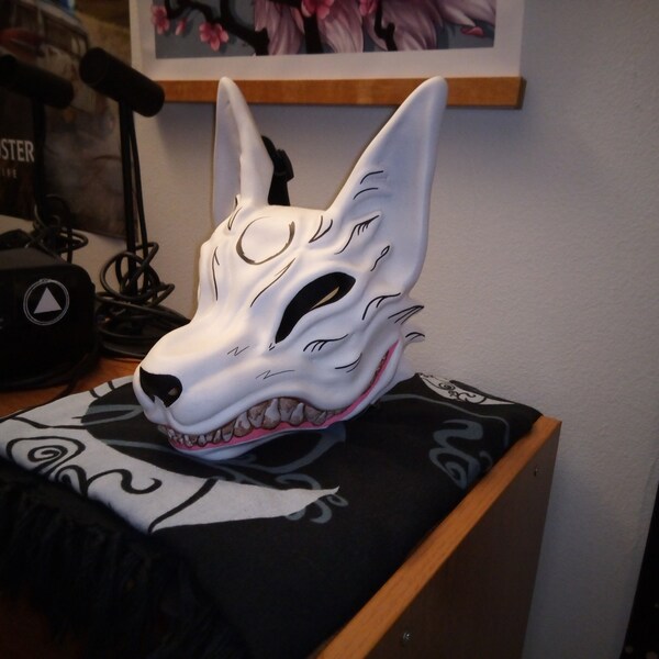 Japanese Kitsune Mask Black and White, Full Face Kitsune Mask, Japanese ...
