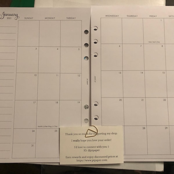 Dated Monthly Calendar Planner Inserts, A5 6-ring Punch, Half Letter ...