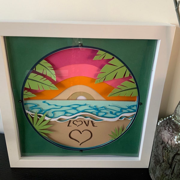 3D Beach Love Shadow Box, Valentines Day Shadow Box, 3D Heart and Love ...
