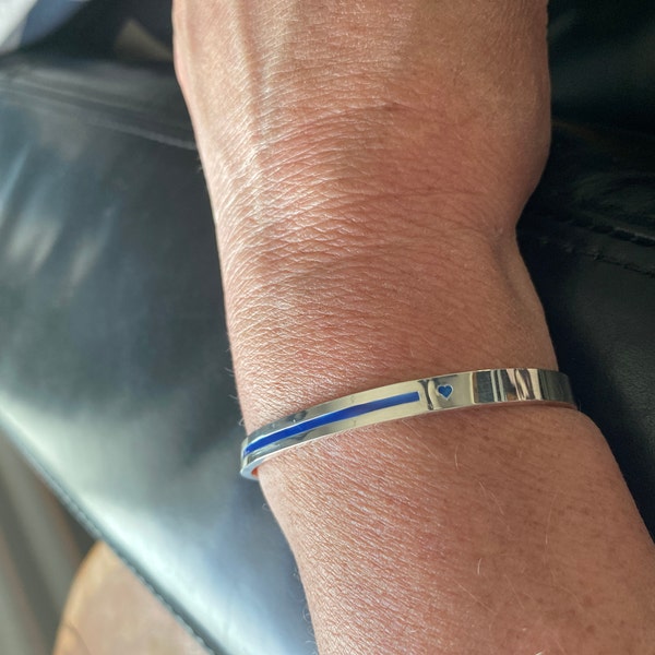 Thin Blue Line Police Bracelet Sterling Silver Inlay Stamped Name Badge ...