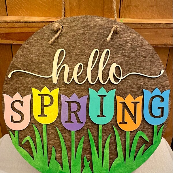Hello Spring Tulips Sign, Round Door Hanger Svg, Spring Welcome Sign ...