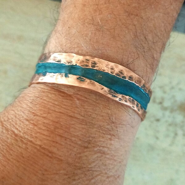 Hammered Copper Cuff With Turquoise Rust Line, Hammered Stylish ...