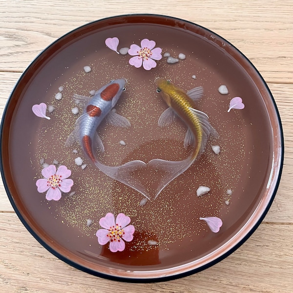 Two Kois Form a Heart Surrounded by Cherry Blossoms, Fish Aquarium, 3D ...