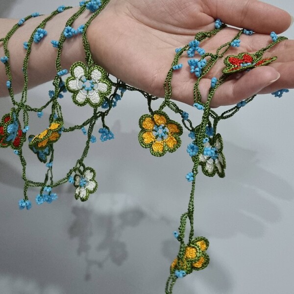 Flower Necklace, Crochet Jewelry, Crochet Chocker, Colorful Strand ...